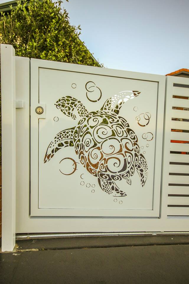 Automated Sliding Gate - Marine Turtle Pattern - Iron Bark Metal Design