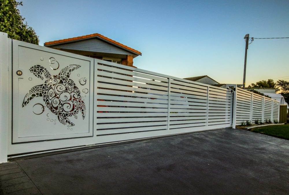 Automated Sliding Gate - Marine Turtle Pattern - Iron Bark Metal Design