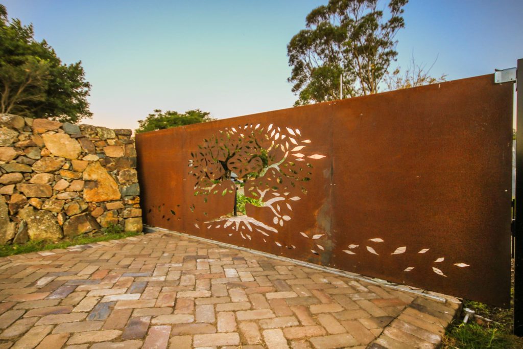 Automated Sliding Gate - Tree of Life Pattern - Iron Bark Metal Design