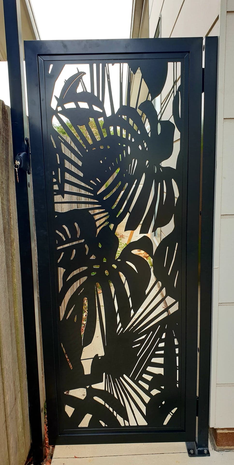 Pedestrian Gate with Tropical Pattern - Iron Bark Metal Design