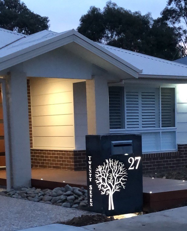 Wide Form Letterbox with Autumn Tree Pattern - Iron Bark Metal Design