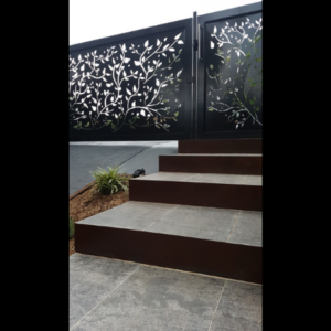 Corten Steel Step Risers & Powder Coated Aluminium Vehicular Gate with ...