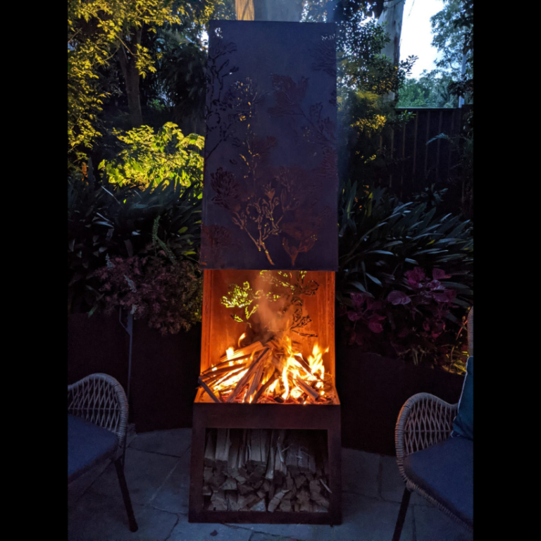 Chiminea Fire Pit, Steel Outdoor Fireplace Heater, Built in Log Rack