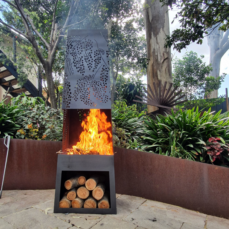 Chiminea Fire Pit, Steel Outdoor Fireplace Heater, Built in Log Rack
