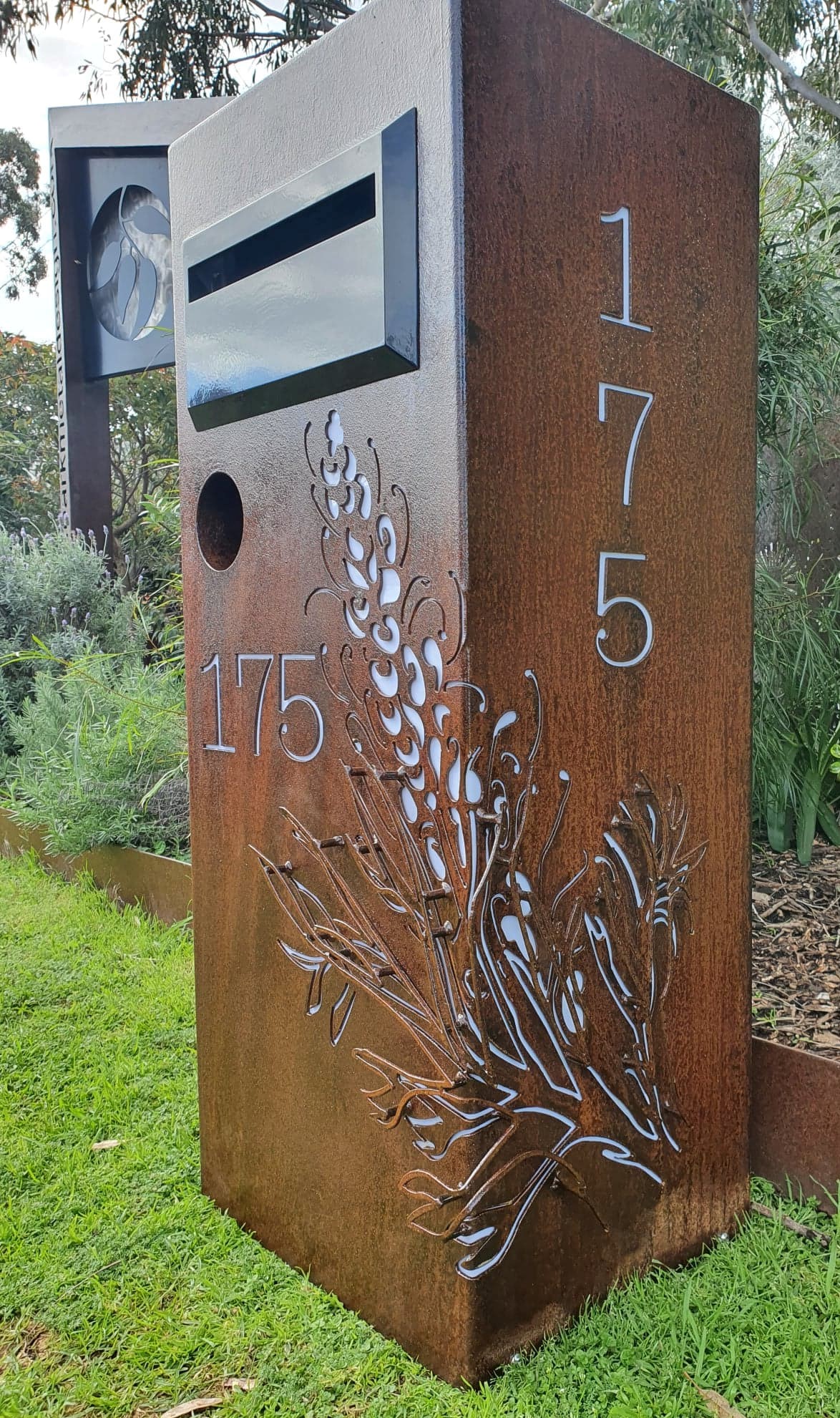 Grevillea Letterbox with rust and seal 4 - Iron Bark Metal Design